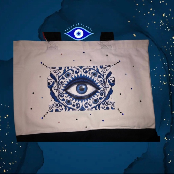 hand made | Bags | Evil Eye Tote Back With Black Handles 85 X 15 Nwot ...